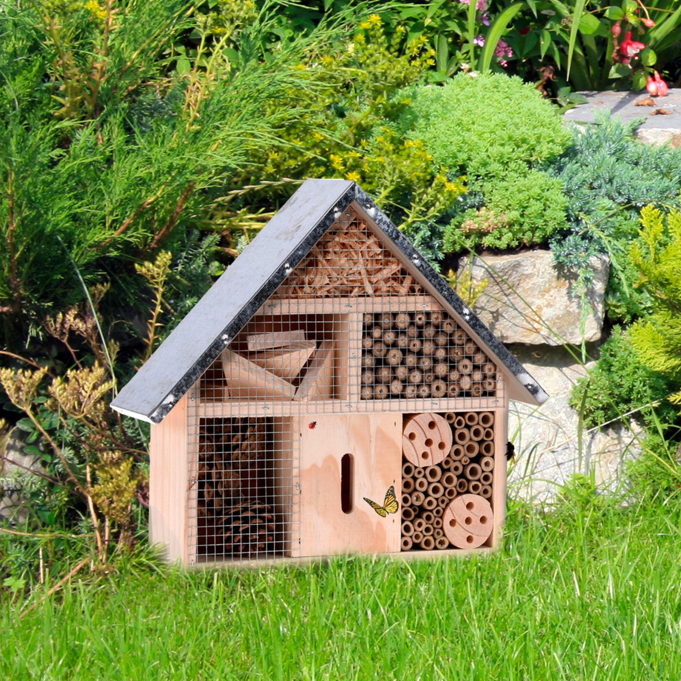 28cm Wooden Insect Hotel for Garden with Metal Roof Nesting Shelter fo ...
