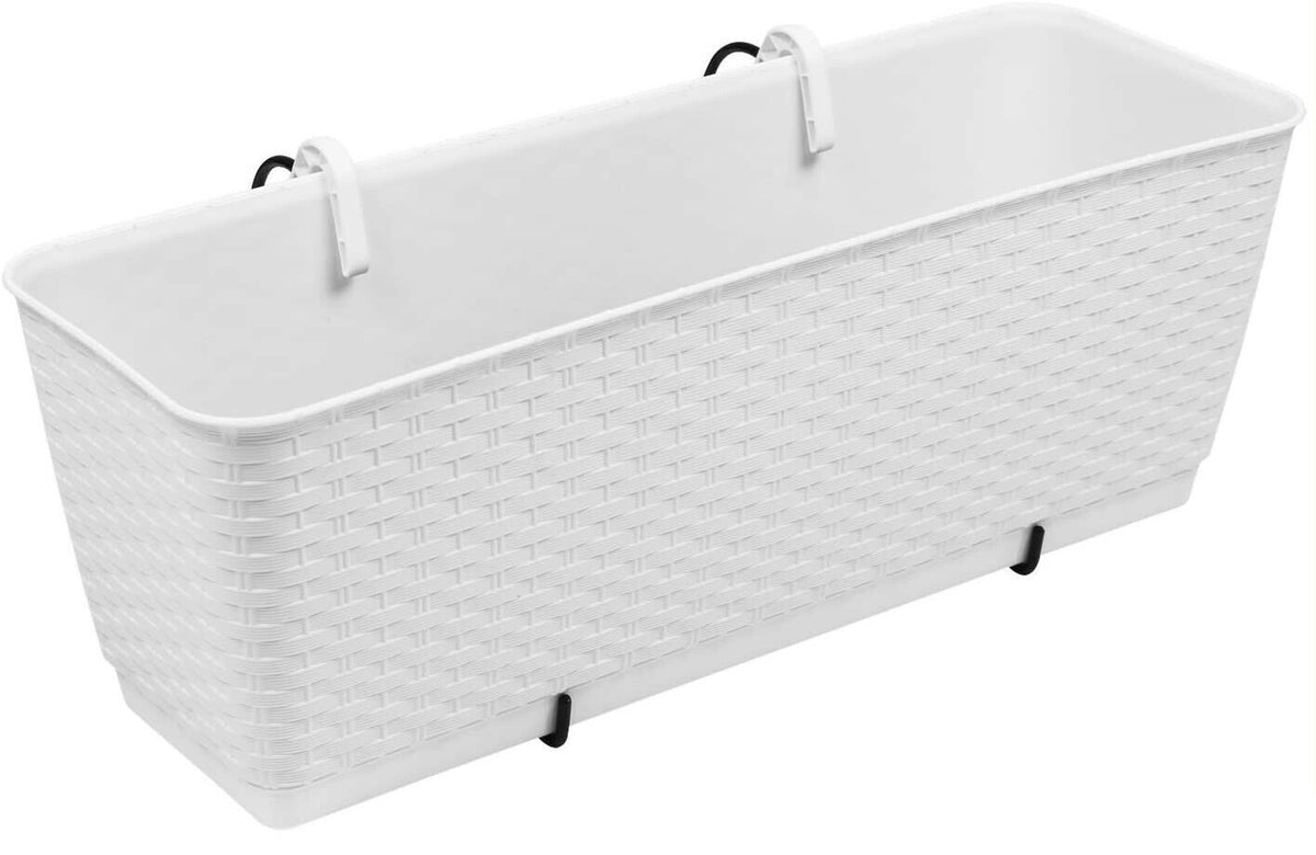 50cm (12L) Outdoor Plastic White Wicker Effect Trough with Water Reser ...